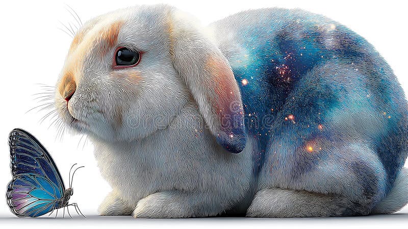 A Rabbit with a Cosmic Pattern on Its Fur is Shown Next To a Butterfly ...