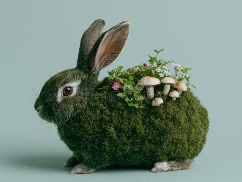 Rabbit Covered in Moss and Mushrooms Stock Illustration - Illustration ...
