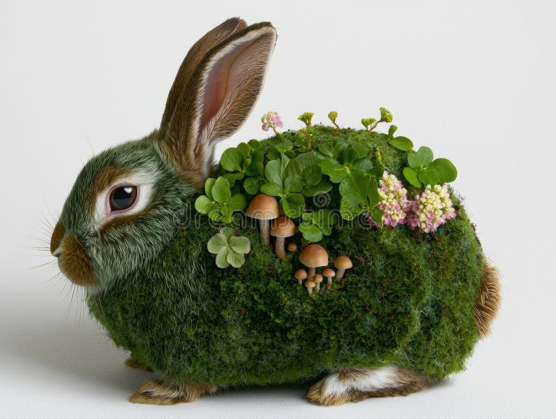 Rabbit Covered in Moss and Mushrooms Stock Illustration - Illustration ...