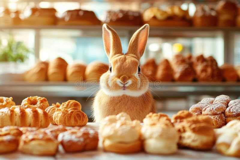 Rabbit Chooses Pastries at Bakery Shelf Filled with Delicious Treats ...