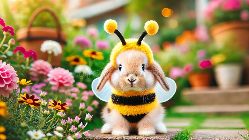 A Rabbit in a Cute Bee Costume, Sitting Happily among Flowers Stock ...