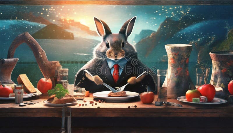 Rabbit at Dinner at the Table with Cutlery Stock Illustration ...