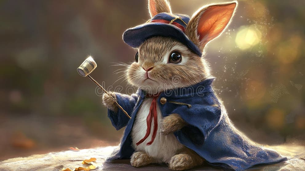 A Rabbit Dressed As a Magician with a Tiny Hat and a Wand Sitting on a ...