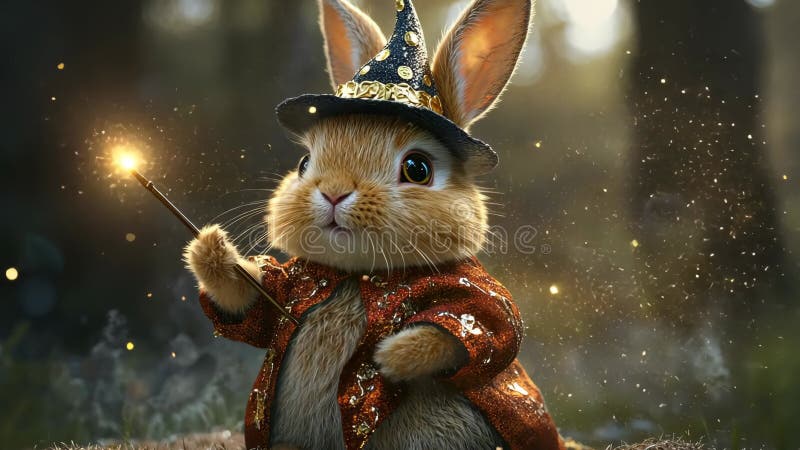A Rabbit Dressed As a Magician with a Tiny Hat and a Wand Sitting on a ...