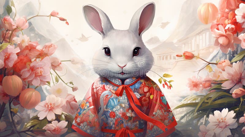 Rabbit Dressed in Kimono with Flowers. Chinese Easter Stock ...