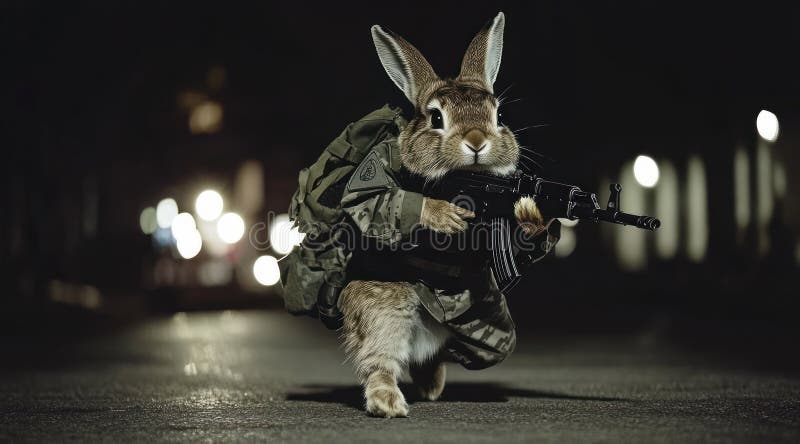 A Rabbit Dressed in Military Gear Runs with a Weapon at Night Creating ...