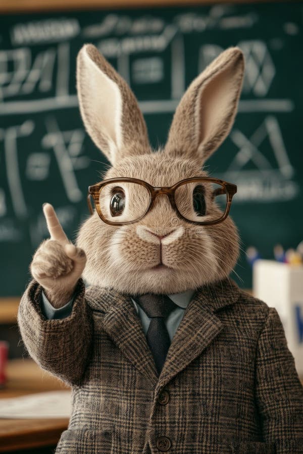 A Rabbit Dressed in a Suit and Glasses Stands in a Classroom, Raising ...