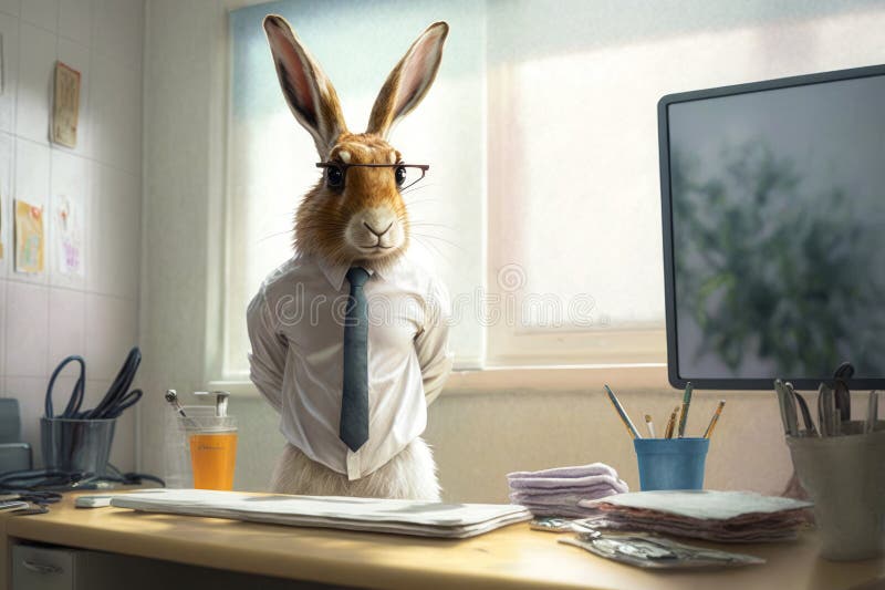Rabbit Dressed in Tie and Glasses is Sitting at Desk. Generative AI ...