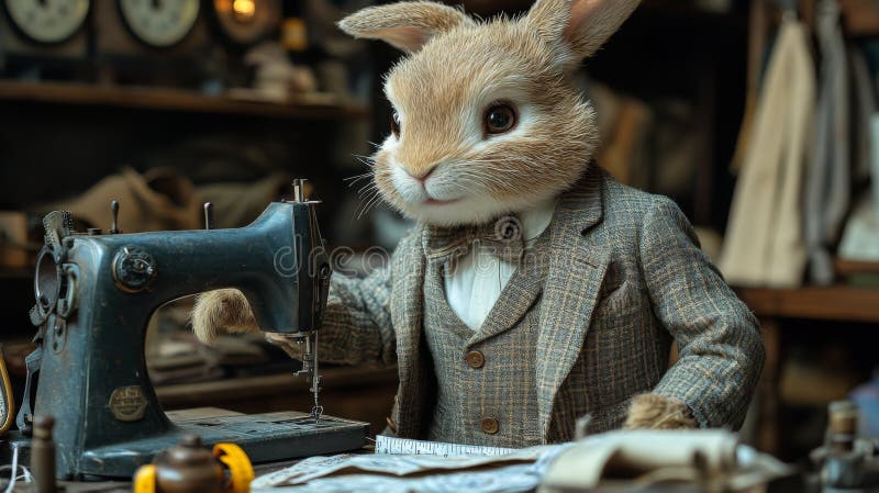 In a Cozy Workshop, a Well-dressed Rabbit Sewing Clothes with a Vintage ...