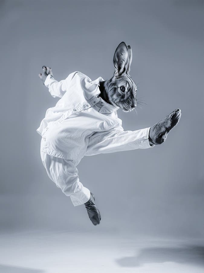 Rabbit Dressed in White Clothing Performing a Dance Move on a Plain ...