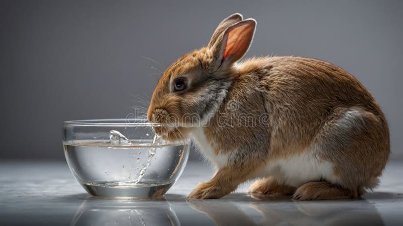A Rabbit Drinking Water from a Clear Bowl, Showcasing Its Natural ...