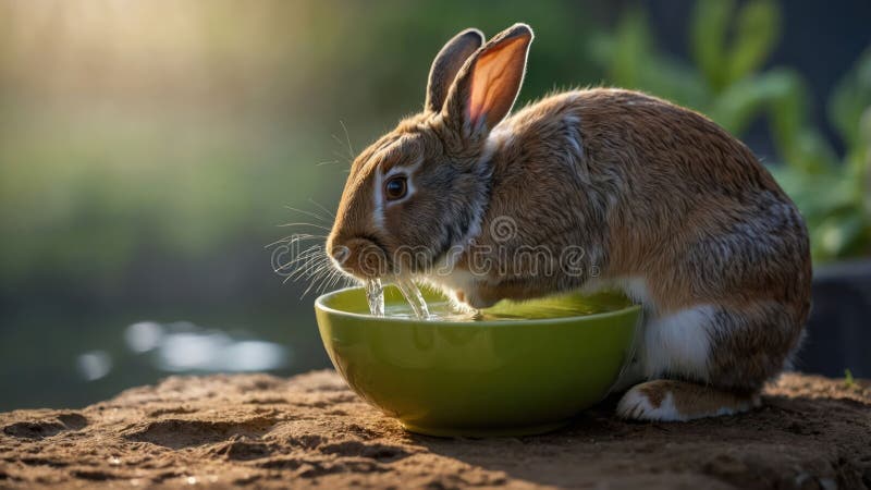 A Rabbit Drinking Water from a Green Bowl in a Serene Outdoor Setting ...