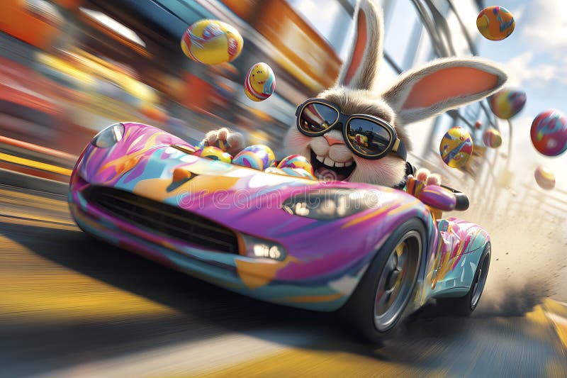 Rabbit Driving a Race Car, and Eggs, Generative AI Stock Illustration ...