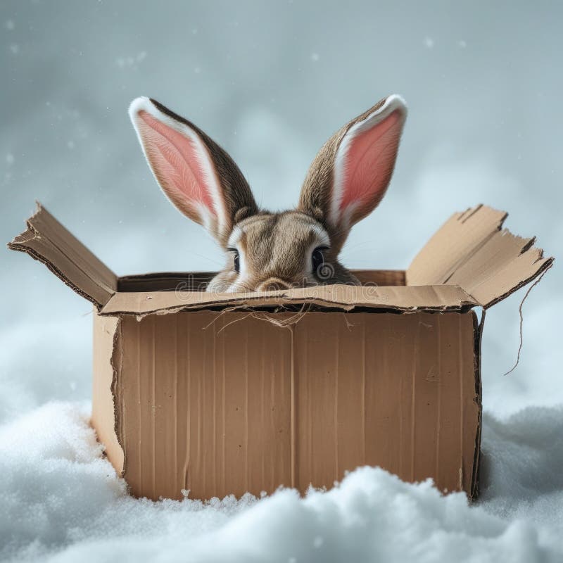Rabbit Ears Peek Out of a Box in the Snow. Stock Image - Image of ...