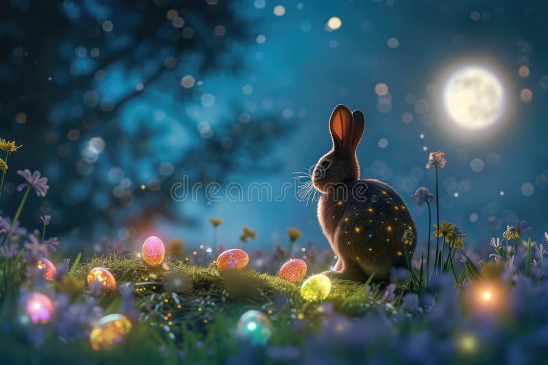 A Rabbit with Easter Eggs Sits in the Grass Under a Full Moon AIG42E ...