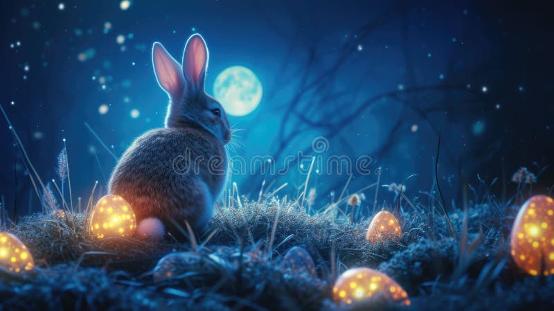 A Rabbit with Easter Eggs Sits in the Grass Under a Full Moon AIG42E ...