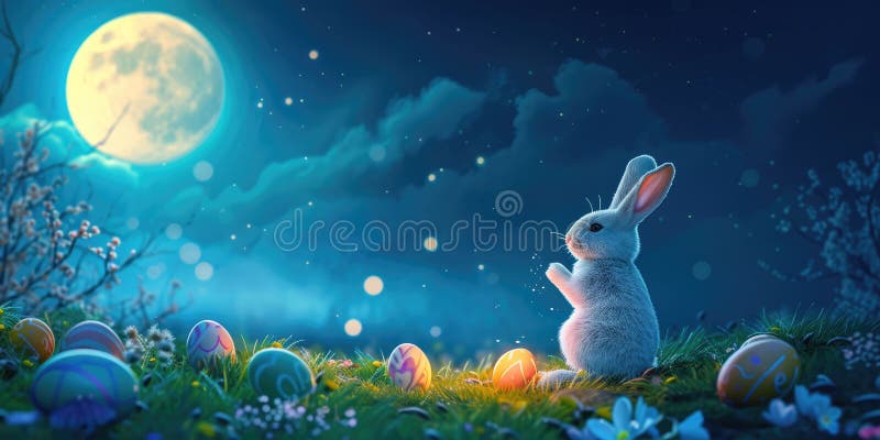 A Rabbit with Easter Eggs Sits in the Grass Under a Full Moon AIG42E ...
