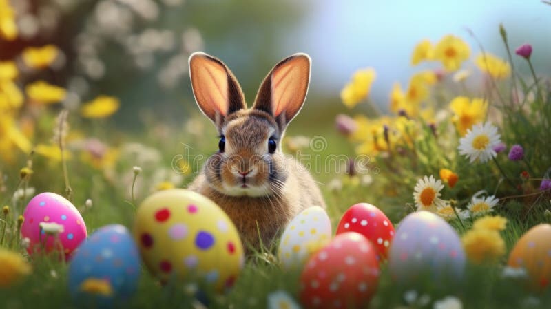 Rabbit in Easter Field stock image. Image of flower - 363815073
