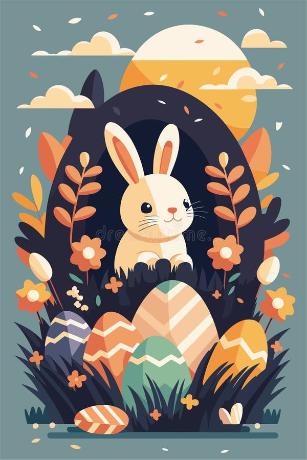 Rabbit Easter. Happy Easter! Easter Bunnies and Egg in Field Stock ...