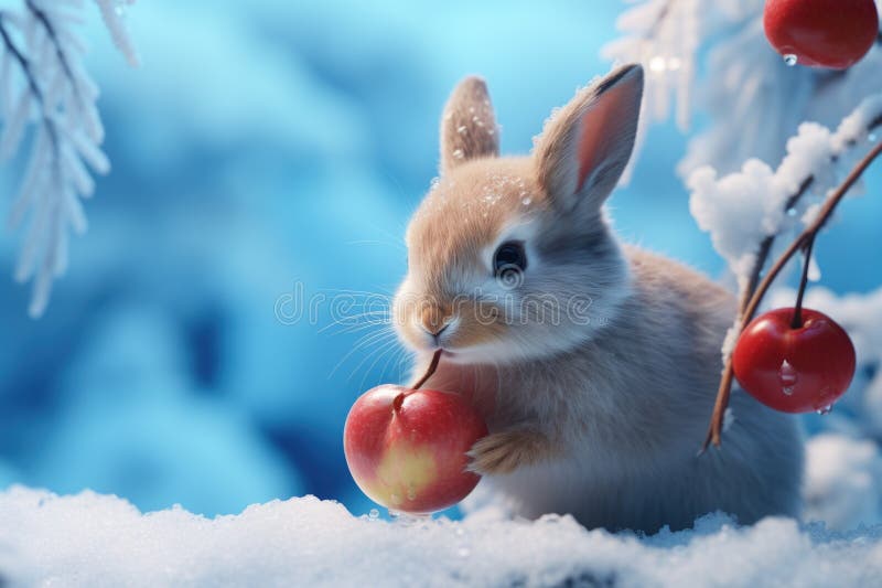A Rabbit Eating an Apple in the Snow. Stock Image - Image of nature ...