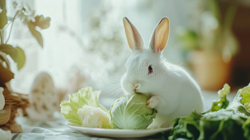 Rabbit Eating Cabbage, Bright Natural Setting, Soft Light Stock Image ...