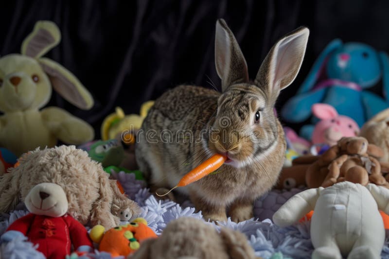 Rabbit Eating Carrot on a Bed of Stuffed Toys Stock Image - Image of ...