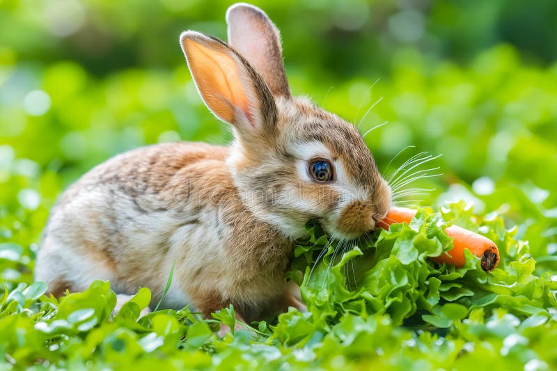 A Rabbit Eating a Carrot in the Grass Stock Image - Image of leaves ...