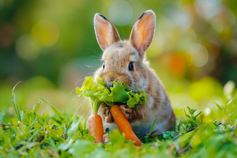 A Rabbit Eating a Carrot in the Grass. Generative AI Stock Photo ...