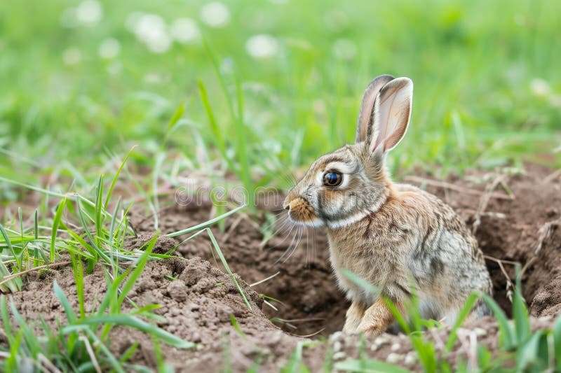Rabbit Emerging from a Dirt Burrow in a Grassy Field Stock Image ...