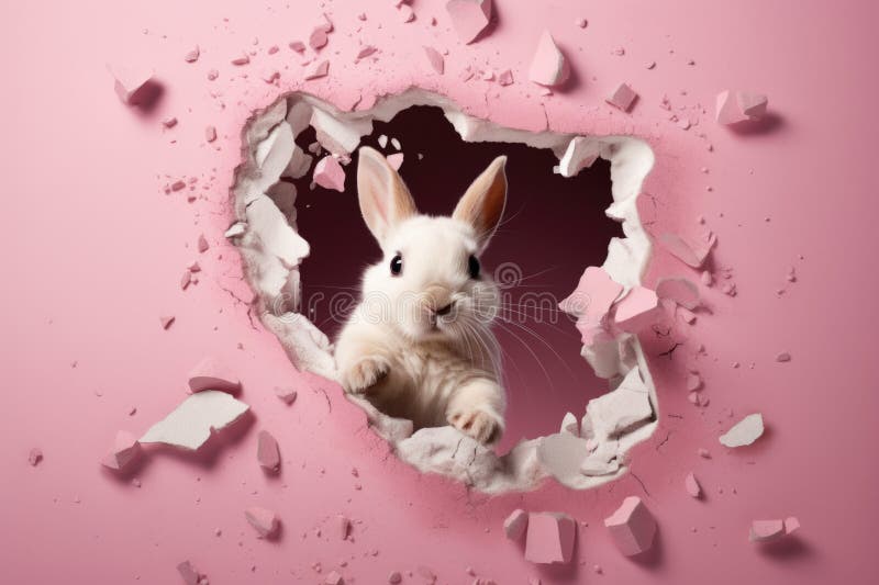 Rabbit Emerging through a Hole in a Pink Wall, Creative Destruction ...
