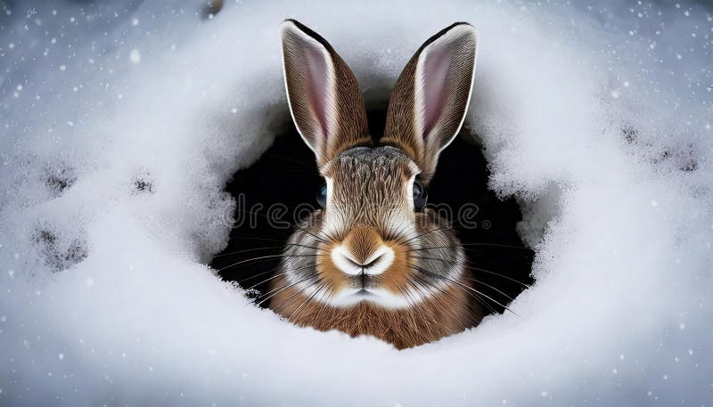 A Rabbit Emerging from Its Burrow after a Fresh Snowfall Stock ...