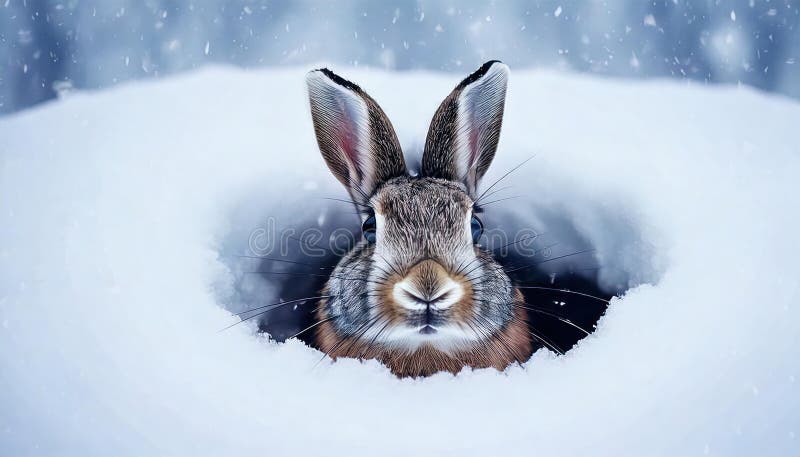 A Rabbit Emerging from Its Burrow after a Fresh Snowfall Stock ...