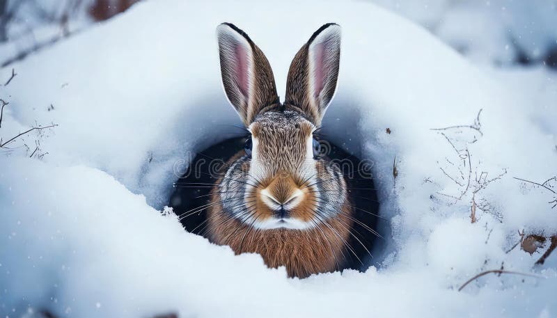 A Rabbit Emerging from Its Burrow after a Fresh Snowfall Stock ...