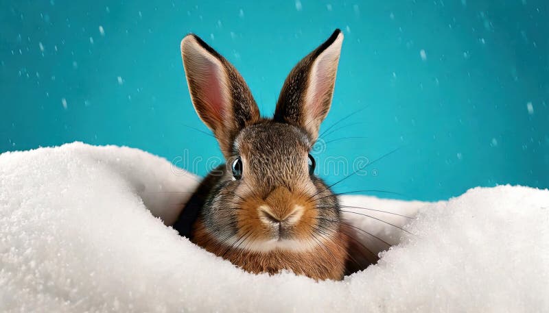 A Rabbit Emerging from Its Burrow after a Fresh Snowfall Stock ...