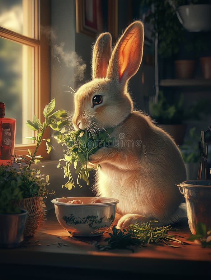 Rabbit Enjoys Fresh Herbs in a Cozy Kitchen Setting during the ...