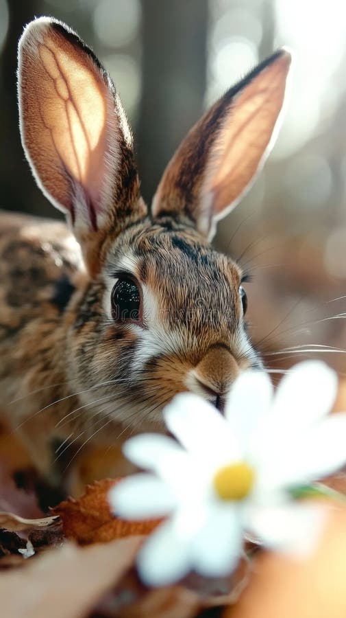 Rabbit Explores a Daisy in a Vibrant Field of Wildflowers with Soft ...