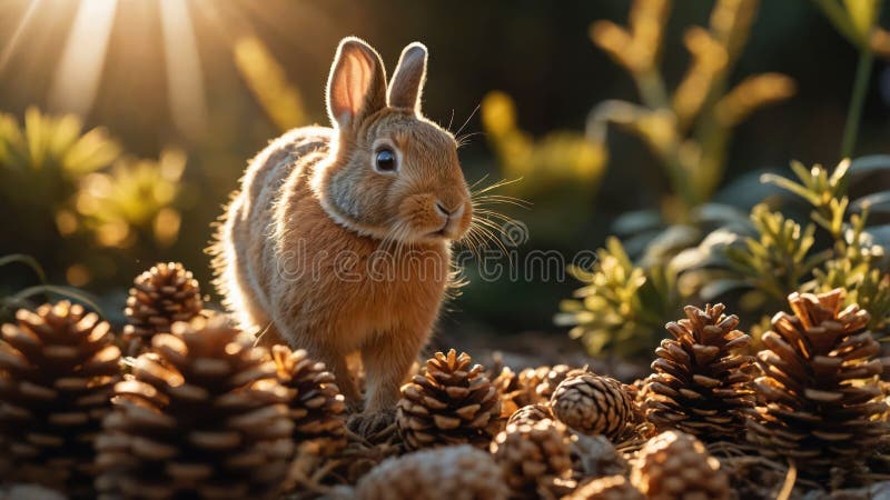 A Rabbit Exploring a Natural Setting Surrounded by Pine Cones and ...
