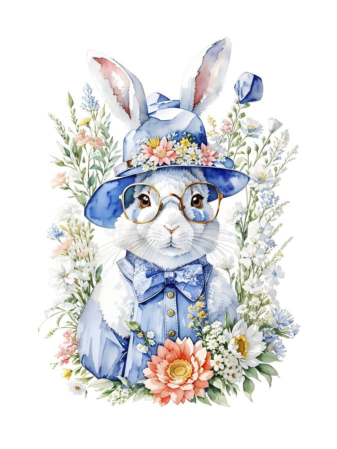 Rabbit with Eyeglasses and a Blue Hat Surrounded by Flowers on a White ...
