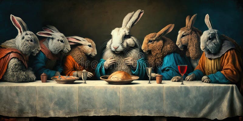 Rabbit Family Eating Dinner Together at the Table at Home on Easter ...