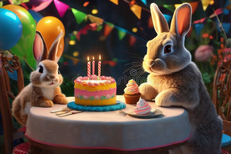 Rabbit Family at Table with Birthday Cake Stock Photo - Image of ...