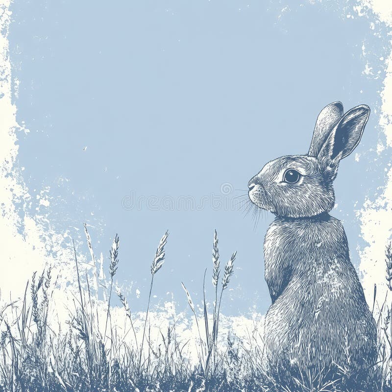 Rabbit in Field on Blue-White Background Stock Photo - Image of animal ...