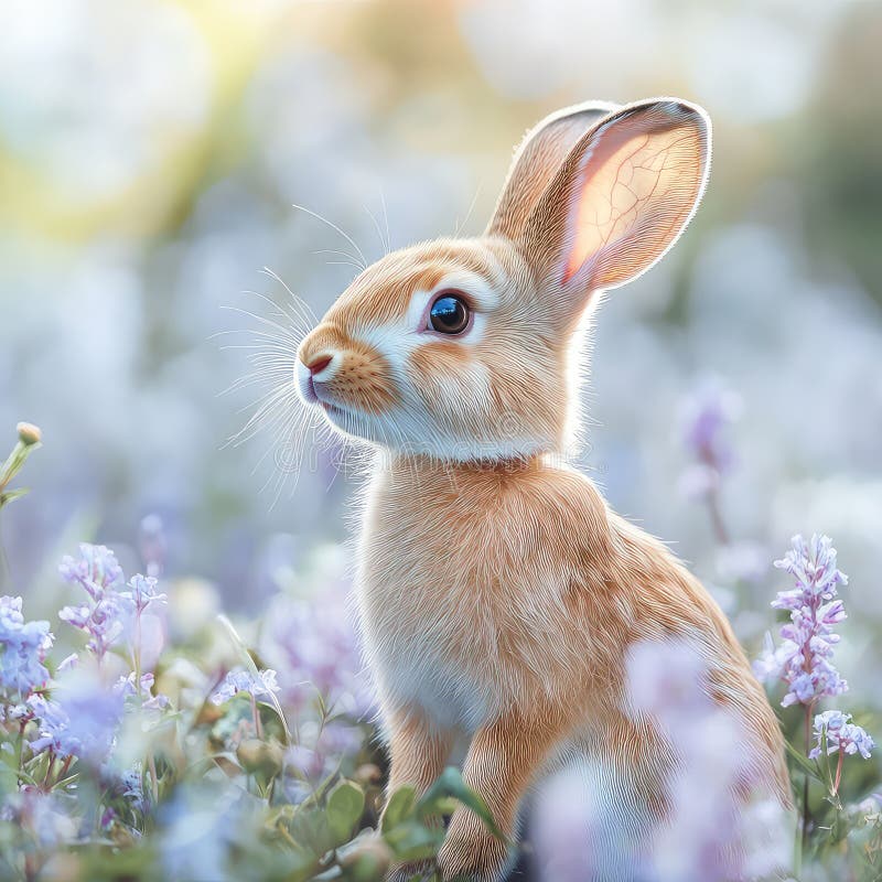 Rabbit in Field on Blue-White Background Stock Photo - Image of bunny ...