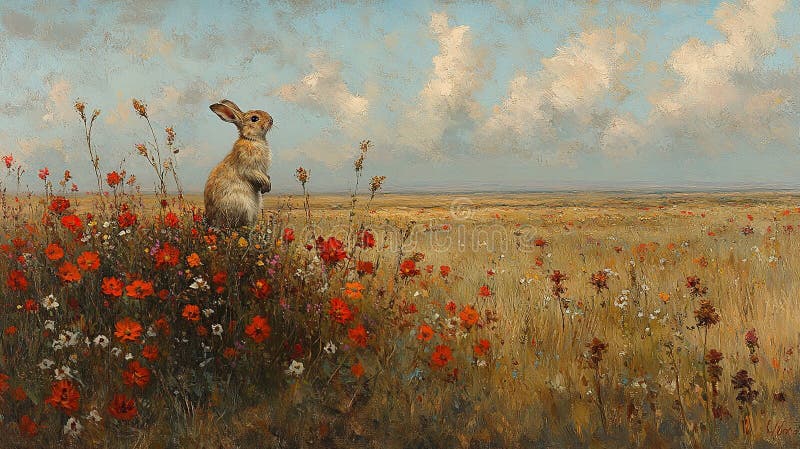 Rabbit in a Field of Wildflowers Under a Cloudy Sky Stock Illustration ...