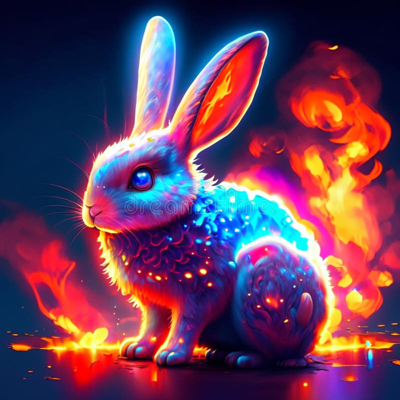 Rabbit and Fire on a Dark Blue Background. 3d Rendering AI Generated ...