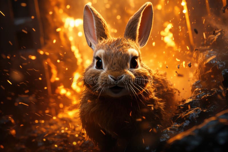 The Rabbit is in the Fire and Has a Big Head, AI Stock Illustration ...