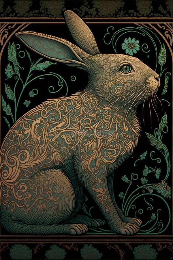 Rabbit with Floral Ornament. Hand Drawn Illustration on Black ...