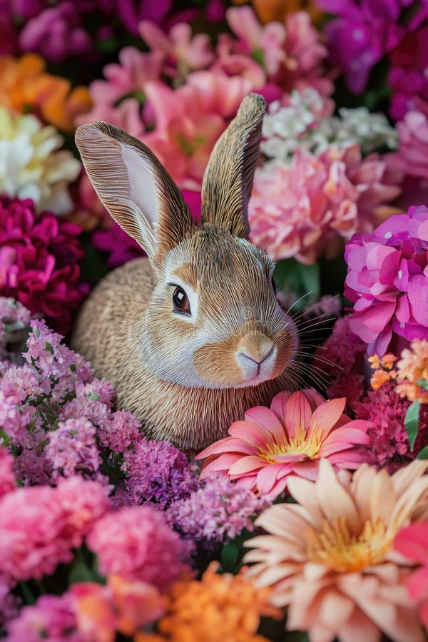 Rabbit in flower bed stock image. Image of generated - 381852275