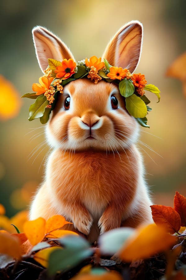 A Rabbit with a Flower Crown on Its Head Sitting in the Leaves Stock ...