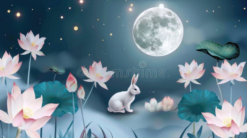 Rabbit in Flower Field at Night Stock Image - Image of blooming ...