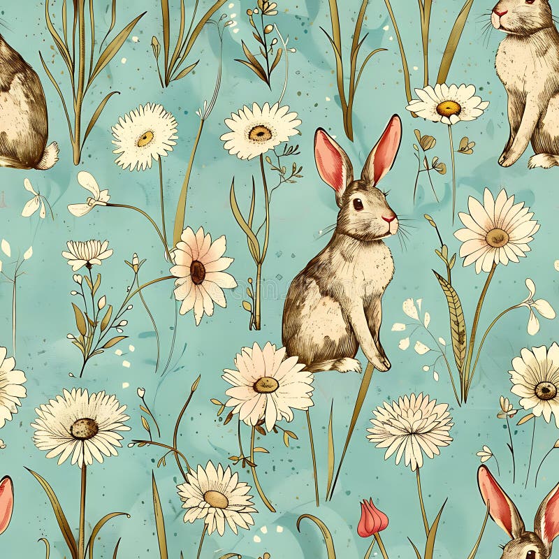 Rabbit in Flowers Field Repeating Pattern Stock Illustration ...